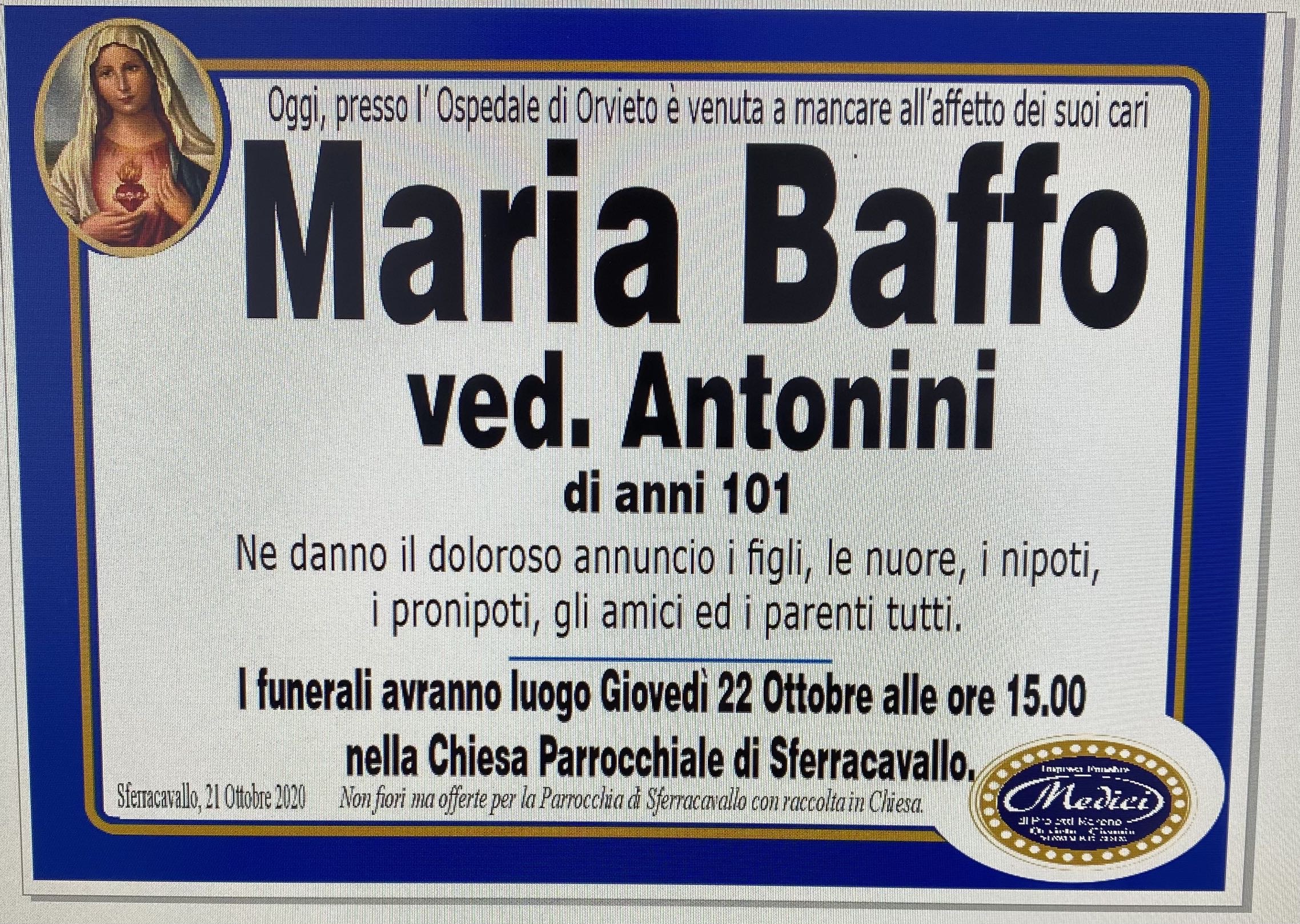 Necrologio Maria Baffo - Impresa funebre Medici Proietti Orvieto