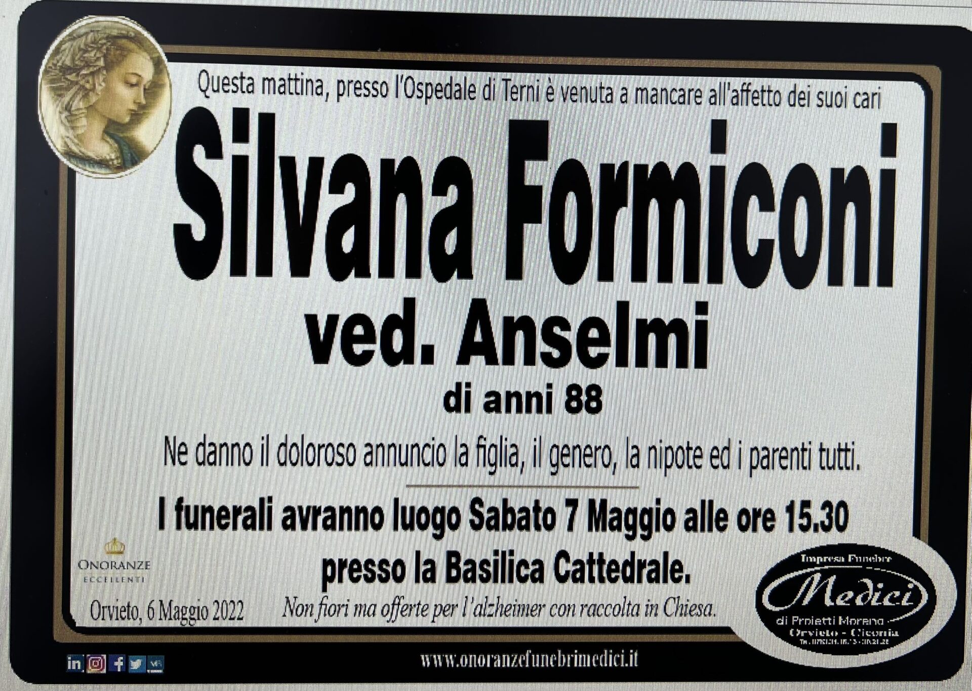 Necrologio Silvana Formiconi - Impresa funebre Medici Proietti Orvieto