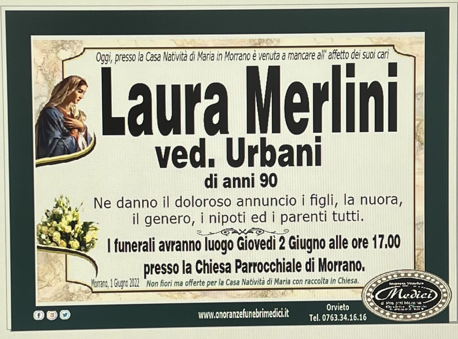 Necrologio Laura Merlini - Impresa funebre Medici Proietti Orvieto