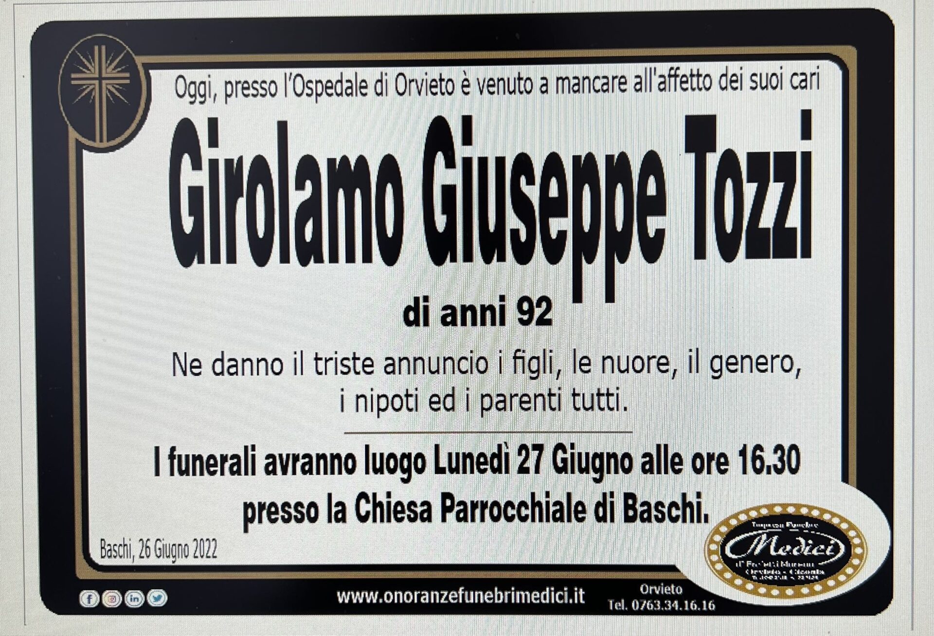 Necrologio Girolamo Giuseppe Tozzi - Impresa funebre Medici Proietti ...