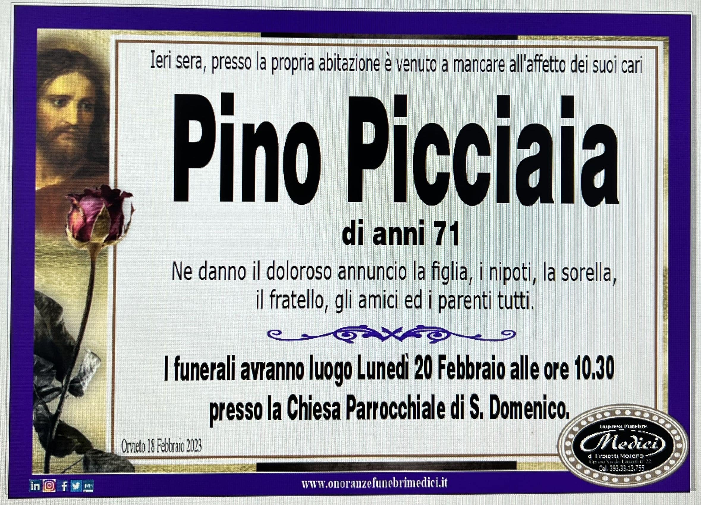 Necrologio Pino Picciaia - Impresa funebre Medici Proietti Orvieto
