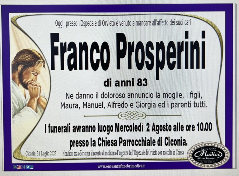 Necrologio Franco Prosperini - Impresa funebre Medici Proietti Orvieto