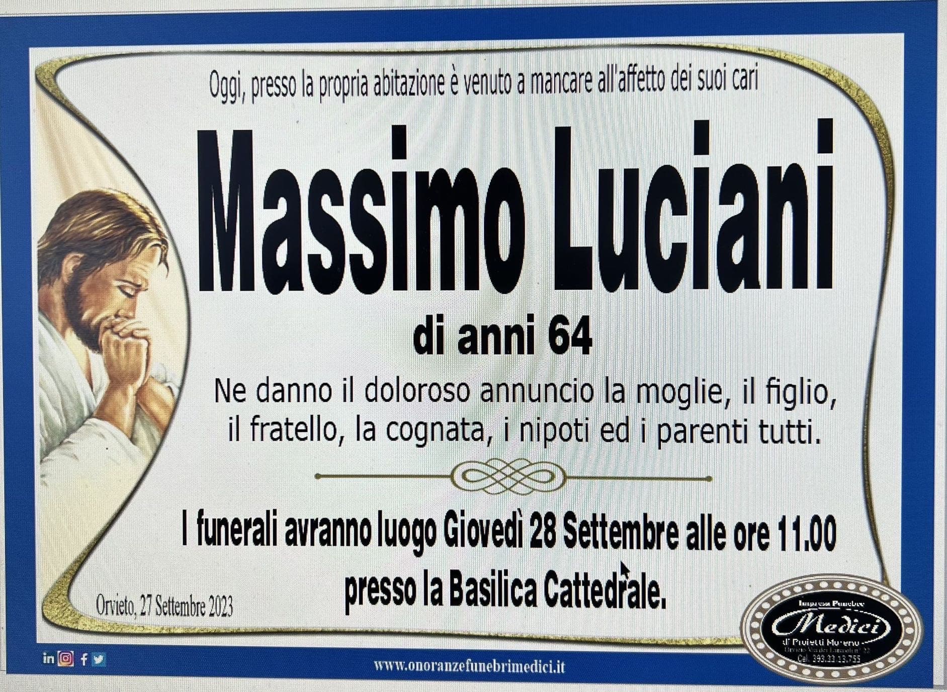 Necrologio Massimo Luciani - Impresa funebre Medici Proietti Orvieto