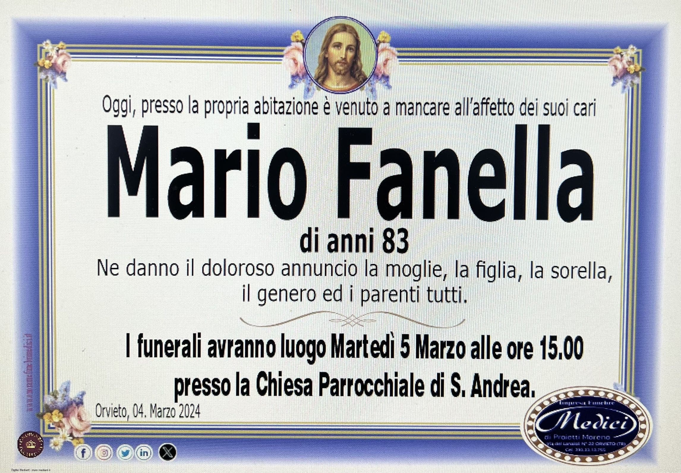 Necrologio Mario Fanella - Impresa funebre Medici Proietti Orvieto